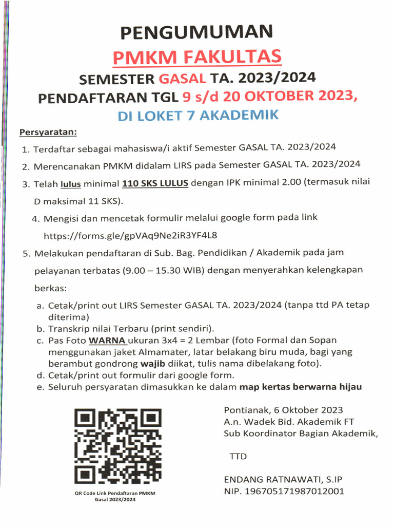 Pengumuman Pendaftaran PMKM Gasal 2023 2024 | PDF