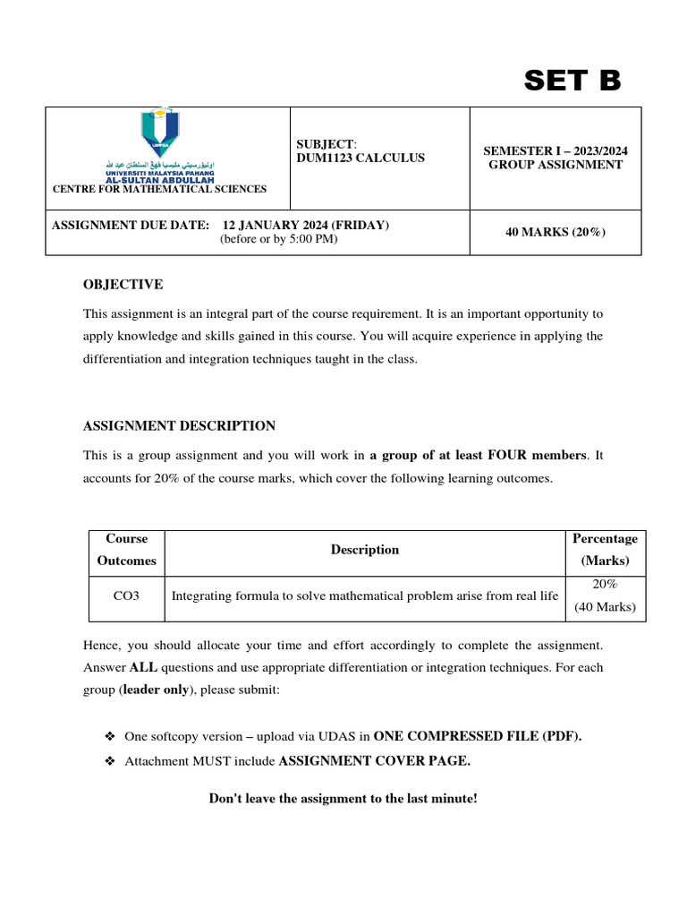 Calculus Assignment Dum1123 Set B | PDF | Integral | Tangent