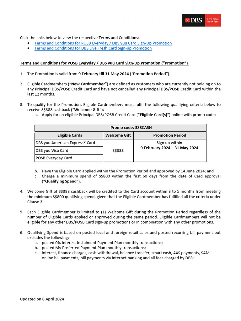 Dbs Posb Card 388cash Signup Promotion TNC | PDF | Payments | Debit Card
