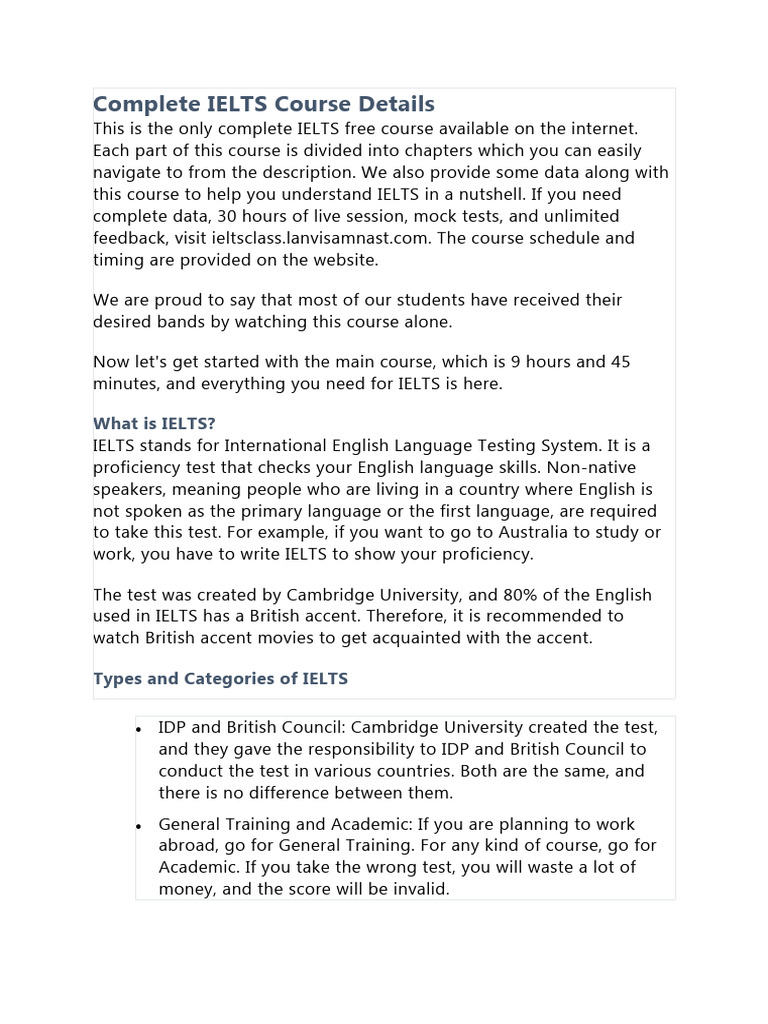 Complete Free IELTS Preparation Course | PDF | International English ...