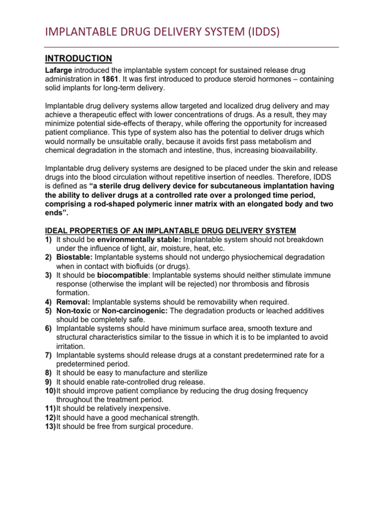 IMPLANTABLE DRUG DELIVERY SYSTEM | PDF | Osmosis | Implant (Medicine)