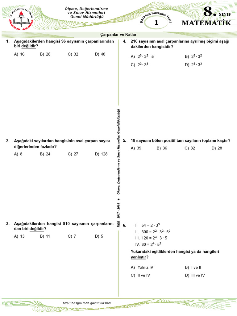 8.Sınıf-Çarpanlar Ve Katlar-MEB Kazanım Kavrama Testleri | PDF