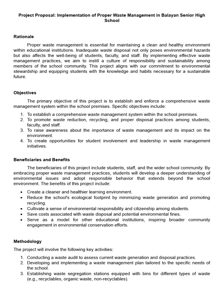 Waste Management Project Proposal for Schools | PDF | Waste Management ...