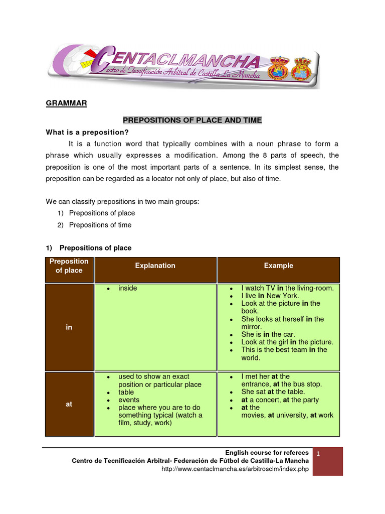 Prepositions of Place and Time Guide | PDF | Preposition And ...