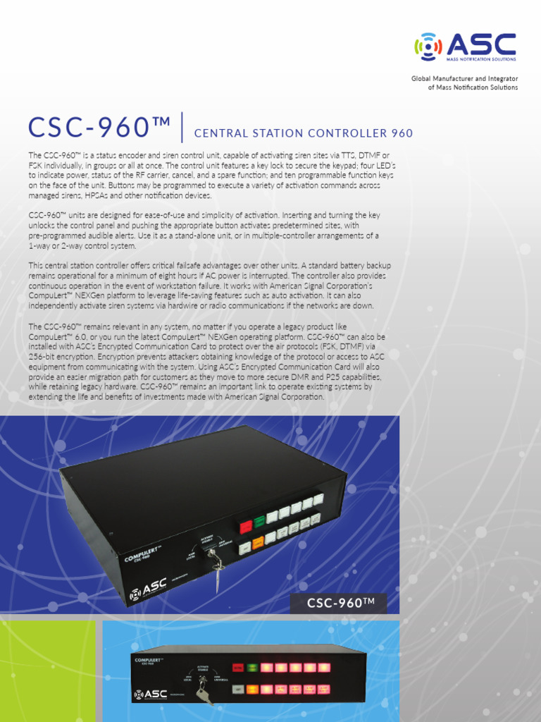 ASC Central Station Controller 960 Product Sheet | PDF | Encryption ...