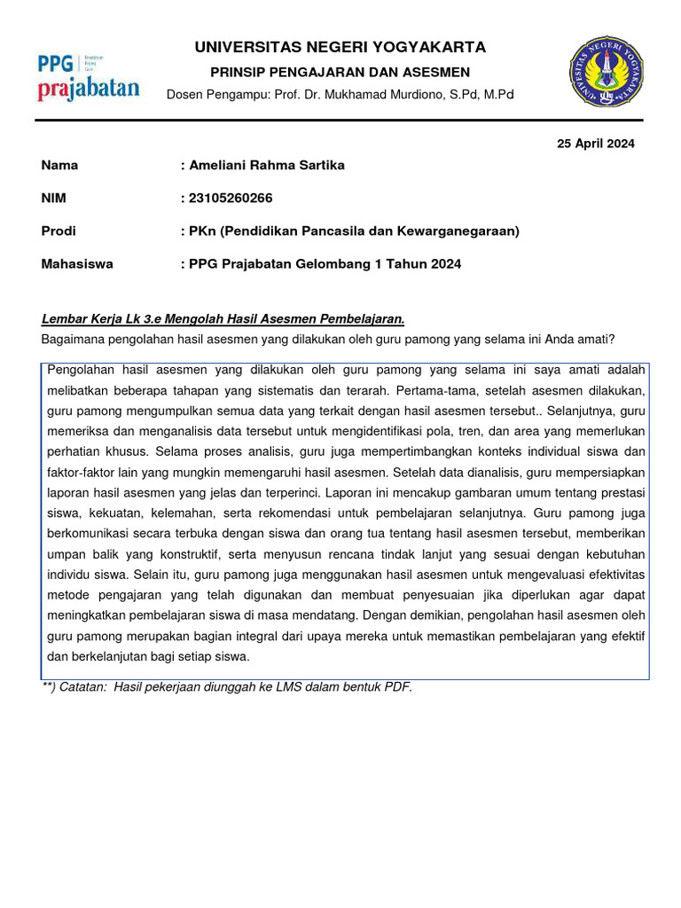 Topik 3 Lembar Kerja LK 3.e Mengolah Hasil Asesmen Pembelajaran | PDF | Karier & Perkembangan ...