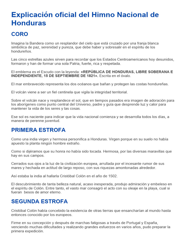 Explicacion oficial del Himno Nacional de Honduras | PDF