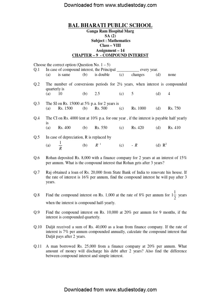 Class 8 Compound Interest Worksheet | PDF | Compound Interest | Interest
