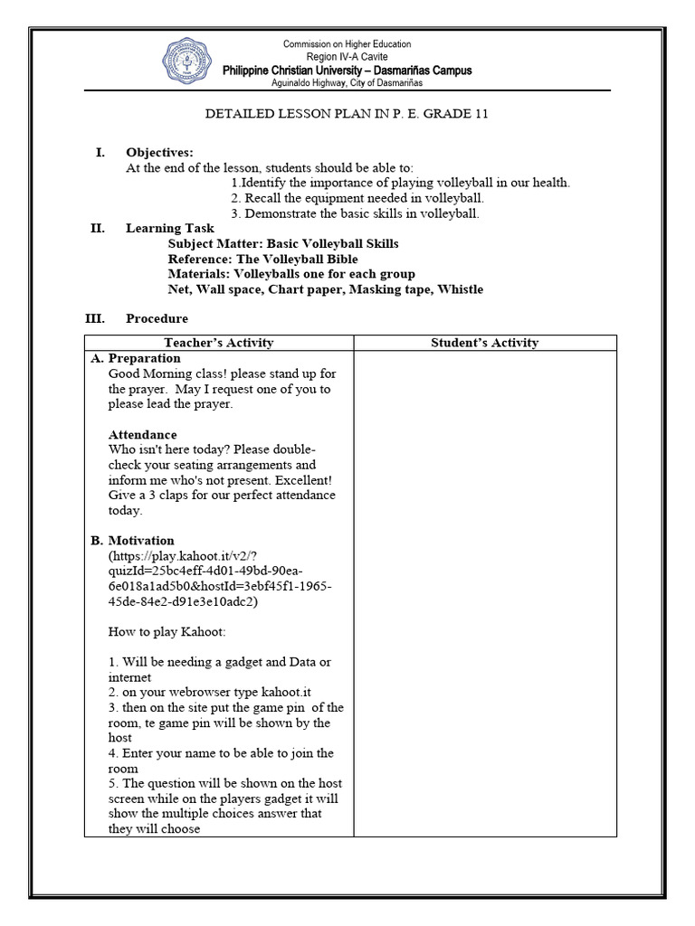Detailed Lesson Plan in FLCT | PDF | Volleyball | Ball Games