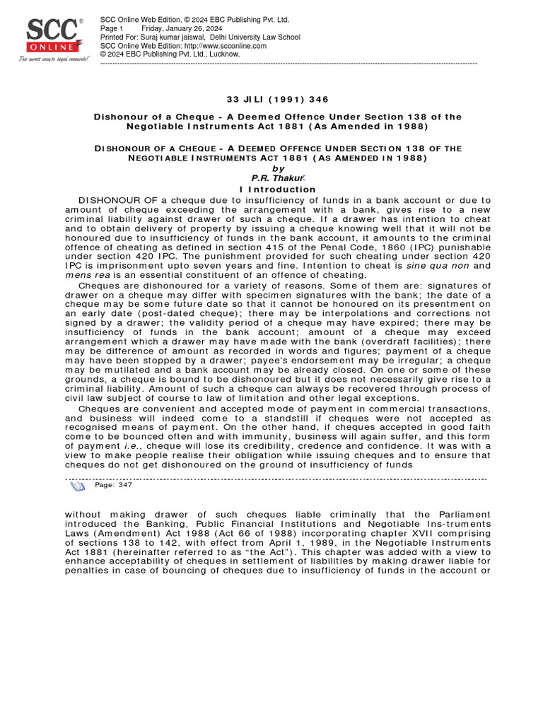 Dishonour of A Cheque - A Deemed Offence Under Section 138 of The Negotiable Instruments Act ...