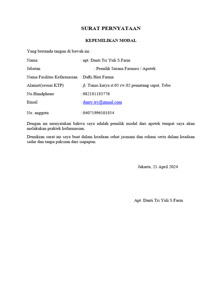 Surat Pernyataan Kepemilikan Modal Sendiri | PDF