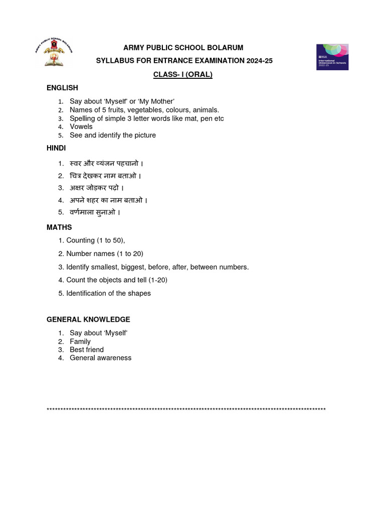 Army Public School Bolarum Entrance Syllabus 2024-25 | PDF ...