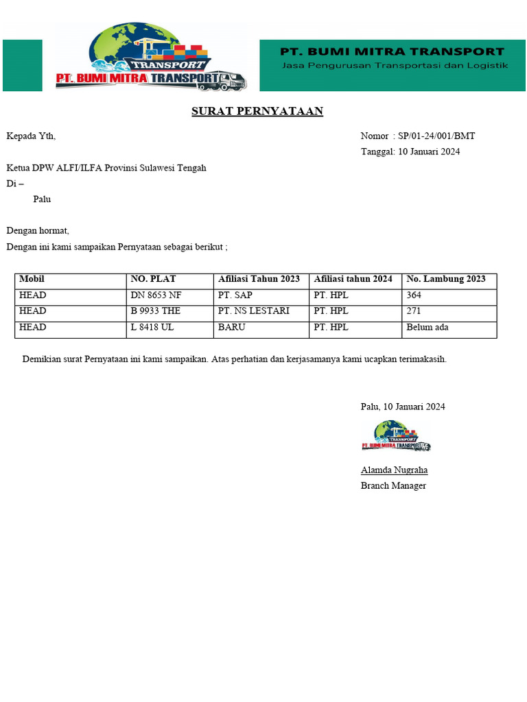 KOP SURAT PT. BUMI MITRA TRANSPORT | PDF