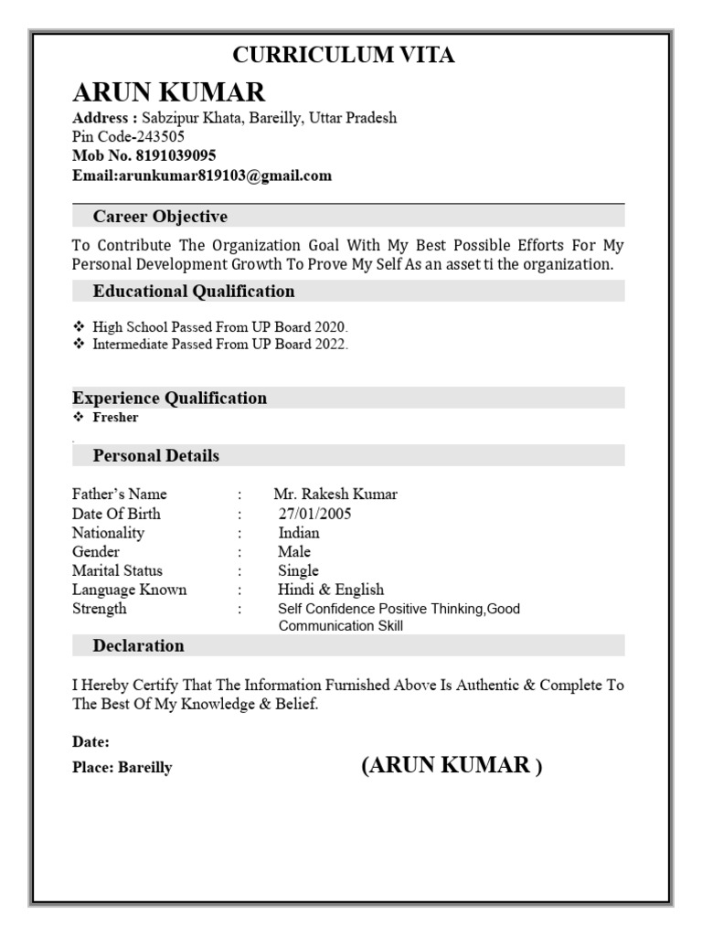 Arun Kumar: Curriculum Vita | PDF | Career & Growth | Self-Improvement
