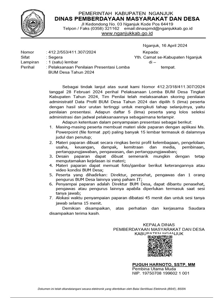 Pelaksanaan Penilaian Presentasi Lomba BUM Desa Tahun 2024 | PDF