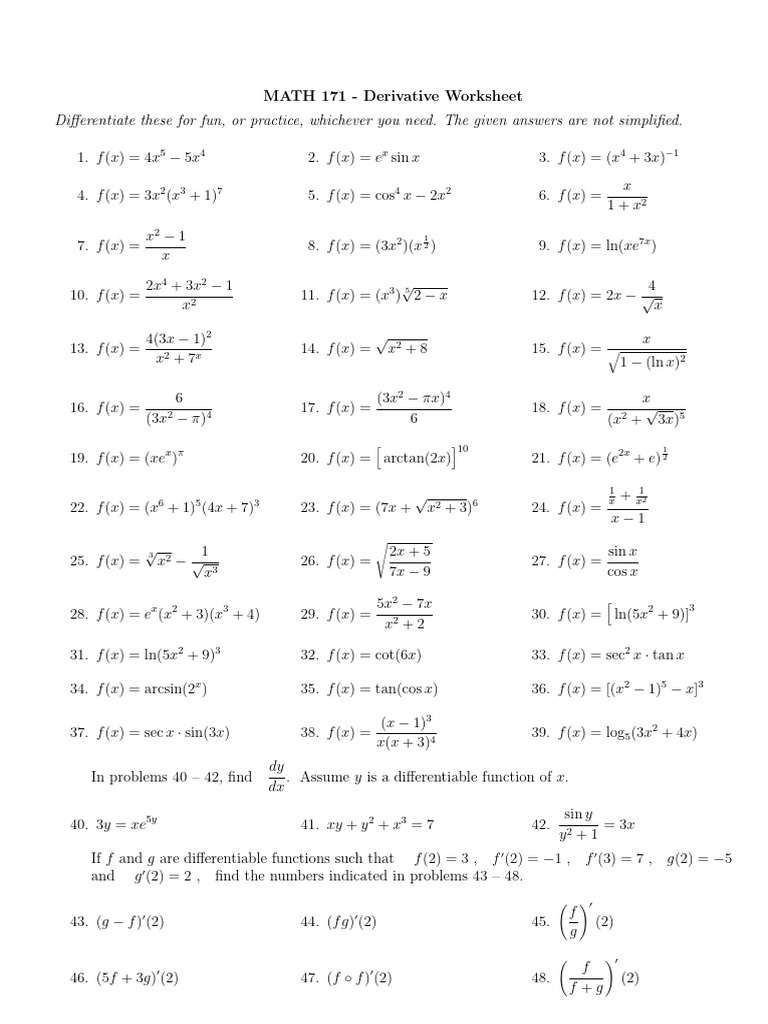 Derivative Worksheet | PDF