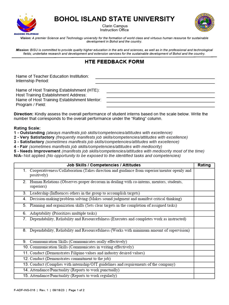 BISU Internship Feedback Form | PDF | Mentorship | Cognition