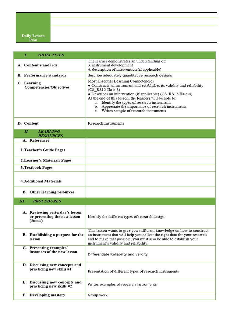Daily Lesson Plan: I. Objectives | PDF | Learning | Validity (Statistics)