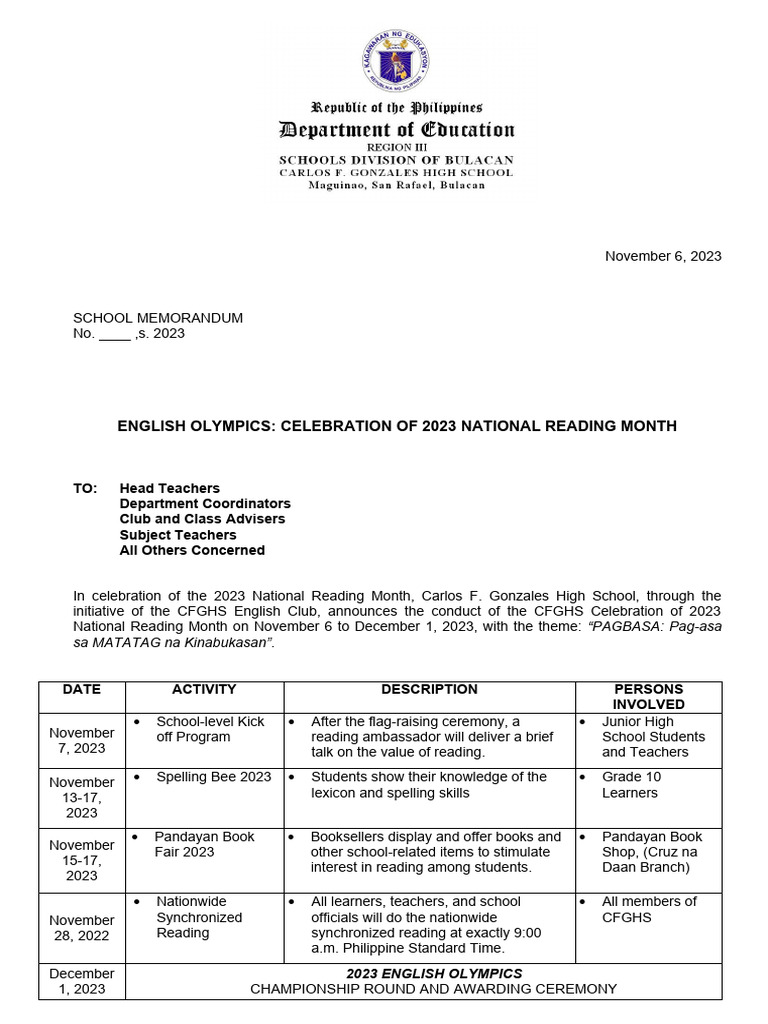 Memo For National Reading Month 2023 | PDF | Human Communication ...