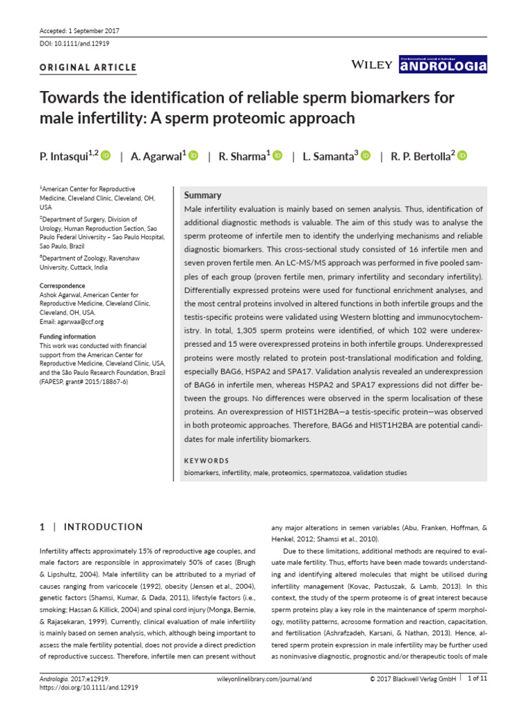 Towards The Identification of Reliable Sperm Biomarkers For Male Infertility A Sperm Proteomic ...