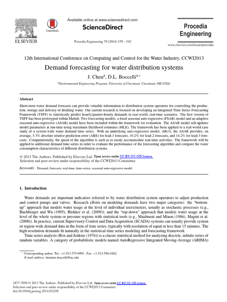 Demand Forecasting For Water Distribution Systems 2014 Procedia Engineering Pdf 