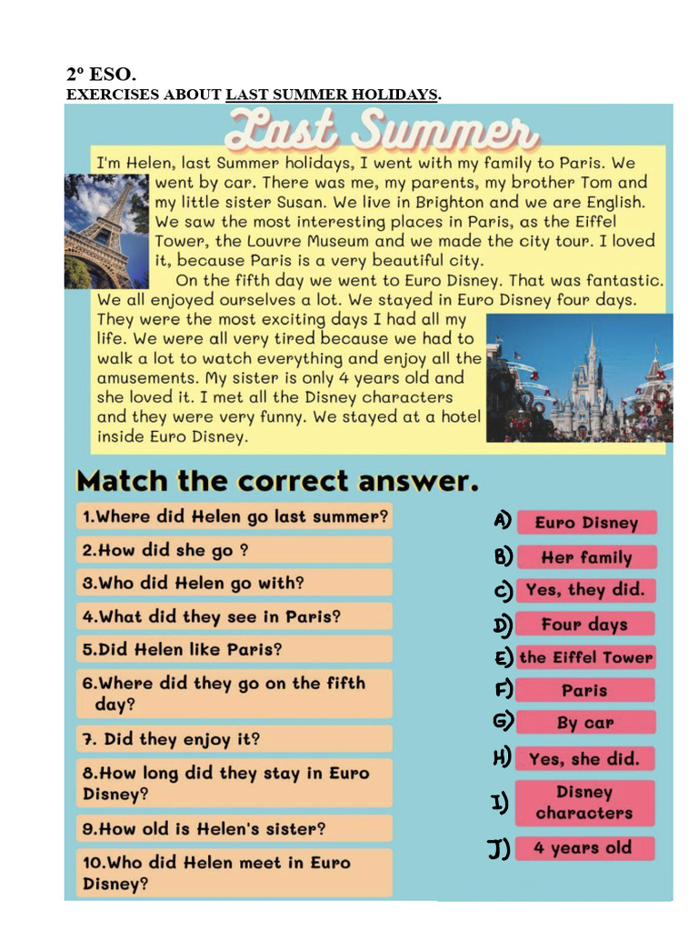 LAST SUMMER HOLIDAYS EXERCISES | PDF