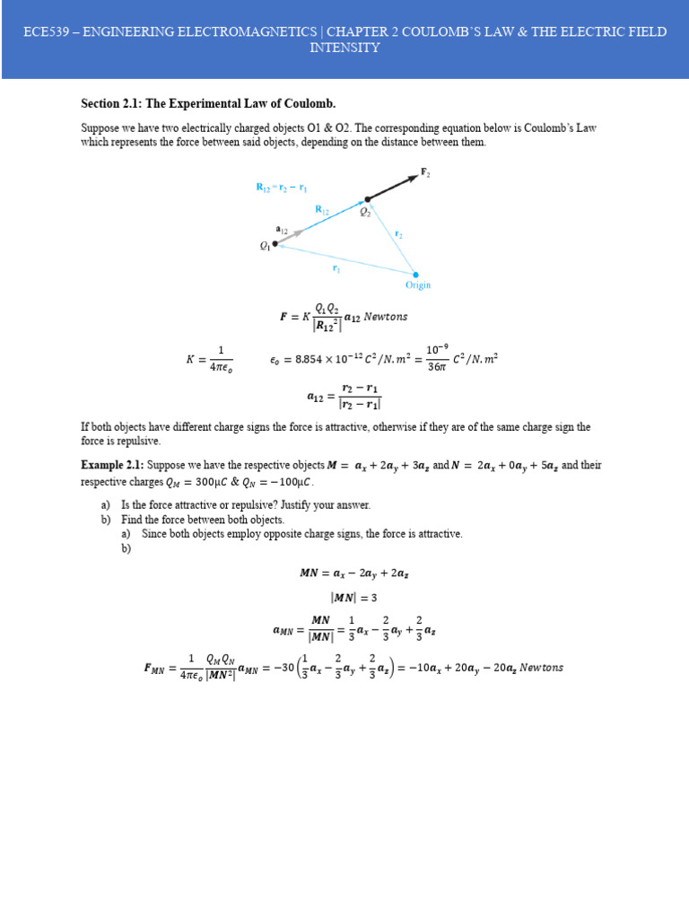 Ece539 Chapter 2 Coulombs Law And The Electric Field Intensity Pdf Electric Field Force