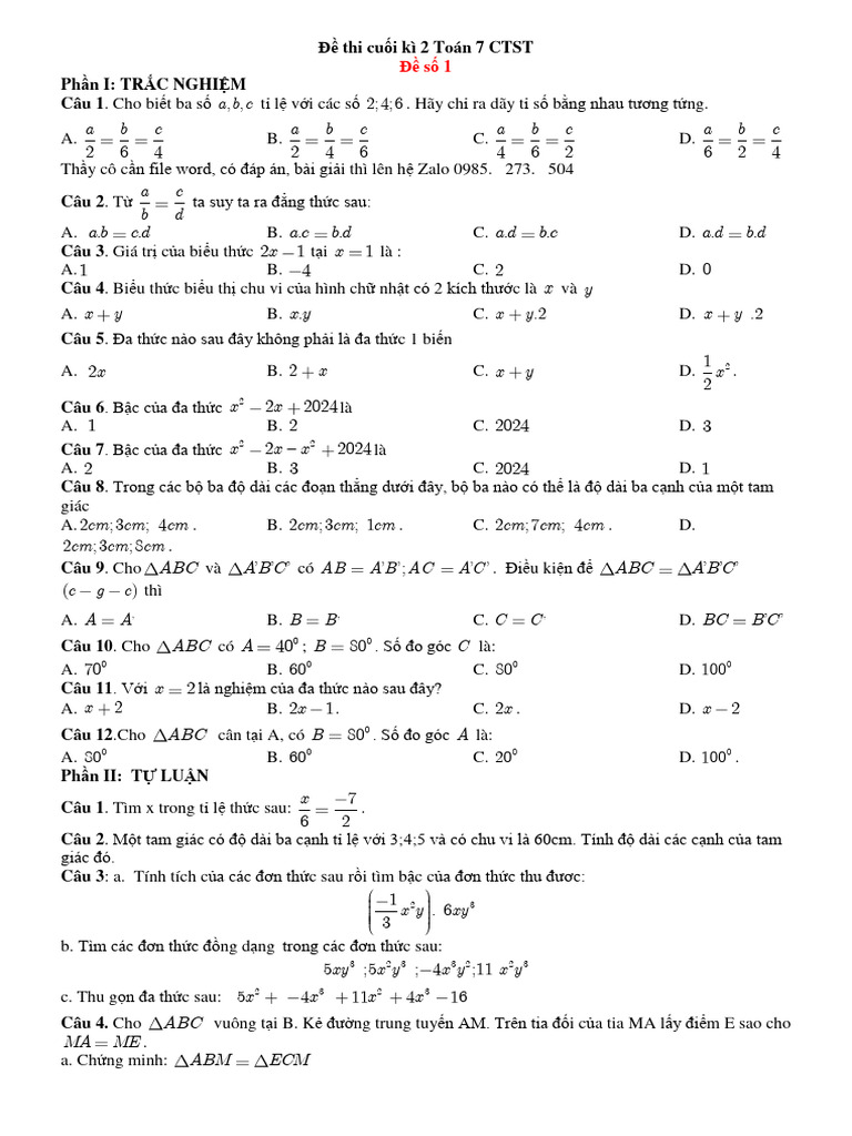 9 de Thi Cuoi Ki 2 Toan 7 CTST | PDF