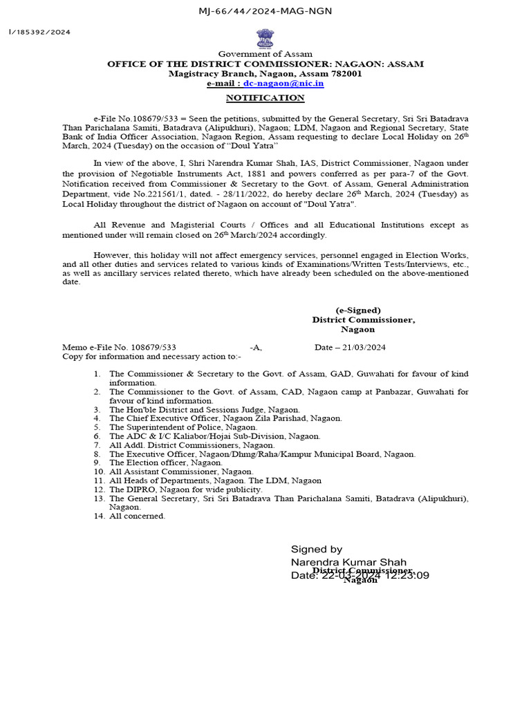 Local Holiday On 26 March | PDF | Government | Government Of India