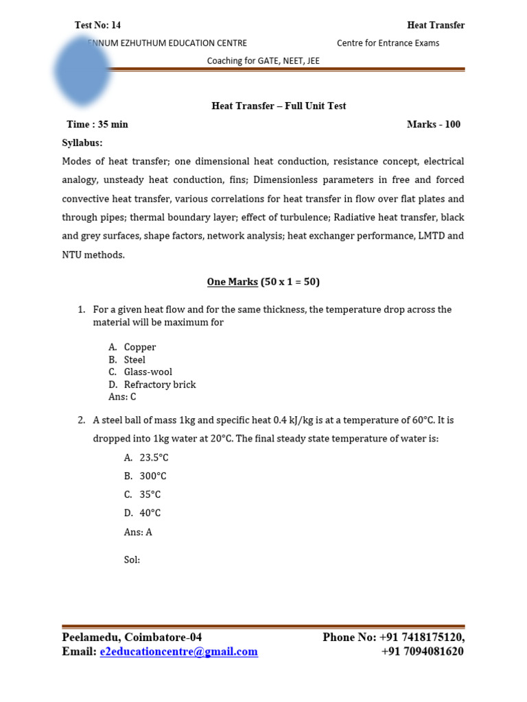 Heat Transfer - Full Unit Test | PDF | Heat Transfer | Thermal Conduction