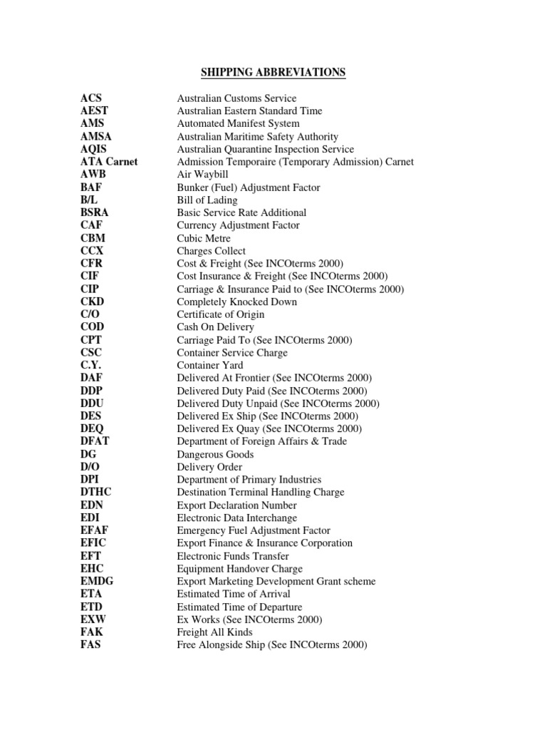 Shipping Abbreviations | PDF | Bill Of Lading | Cargo
