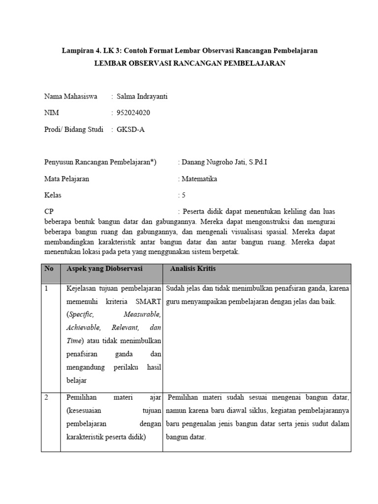 Lampiran 4. LK 3 Contoh Format Lembar Observasi Rancangan Pembelajaran | PDF | Seni