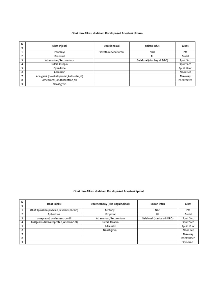 Obat Dan Alkes Di Dalam Kotak Paket Anestesi Umum Dan Spinal Pdf