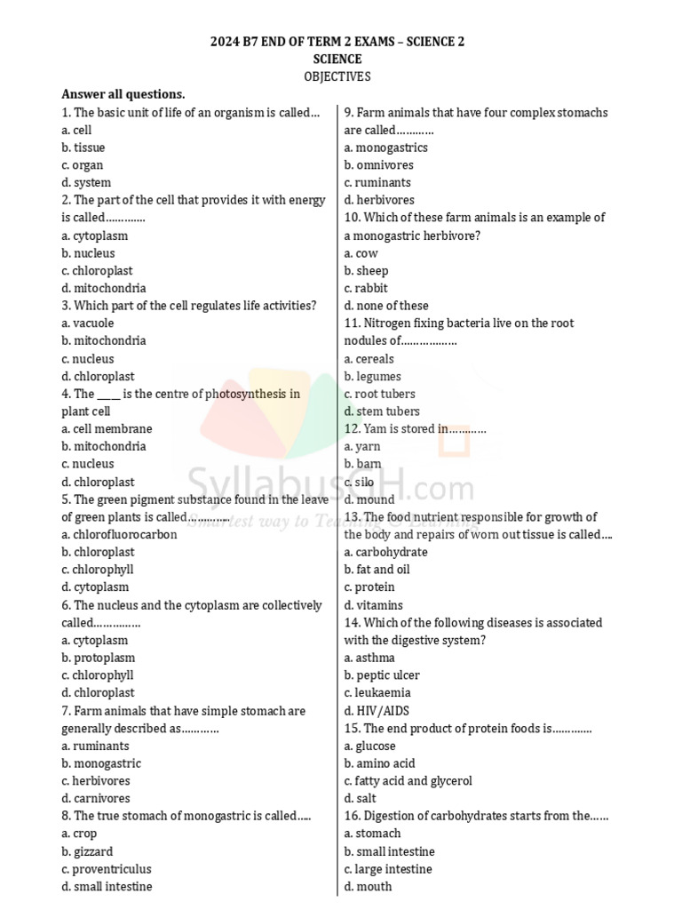 2024 B7 End of Term 2 Exams - Science 1 | PDF | Chloroplast ...