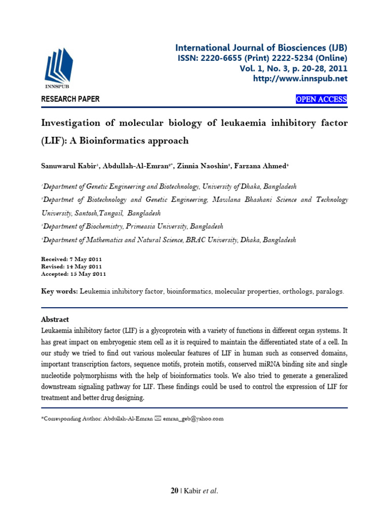 Investigation of Molecular Biology of Leukaemia Inhibitory Factor (LIF) : A Bioinformatics ...