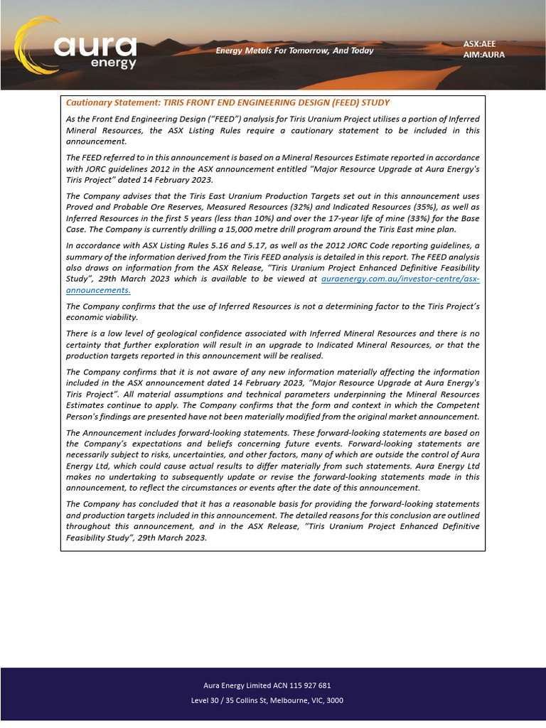 FEED Study - Aura - Tiris Uranium Project in Mauritania | PDF | Mining