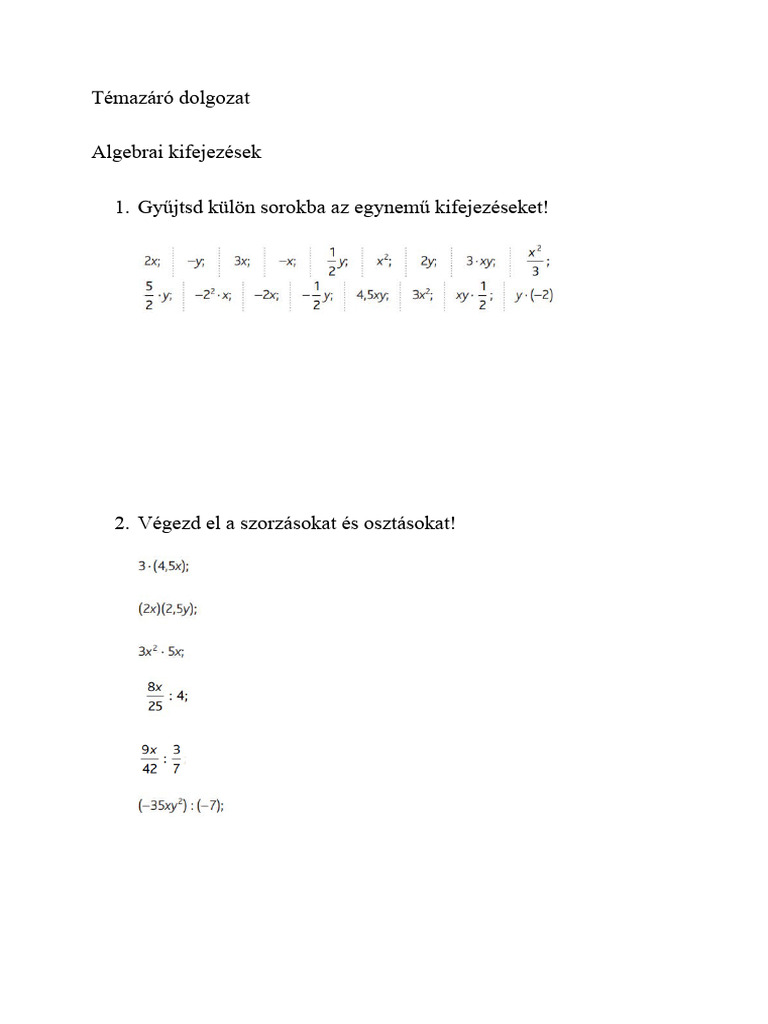 Témazáró Dolgozat 7.o. Algebra | PDF
