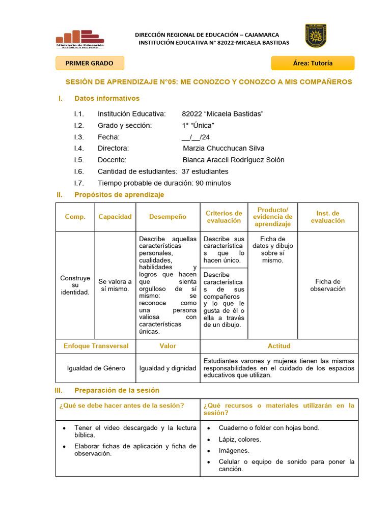 Sesión De Aprendizaje Autoconocimiento Infantil Pdf Aprendizaje