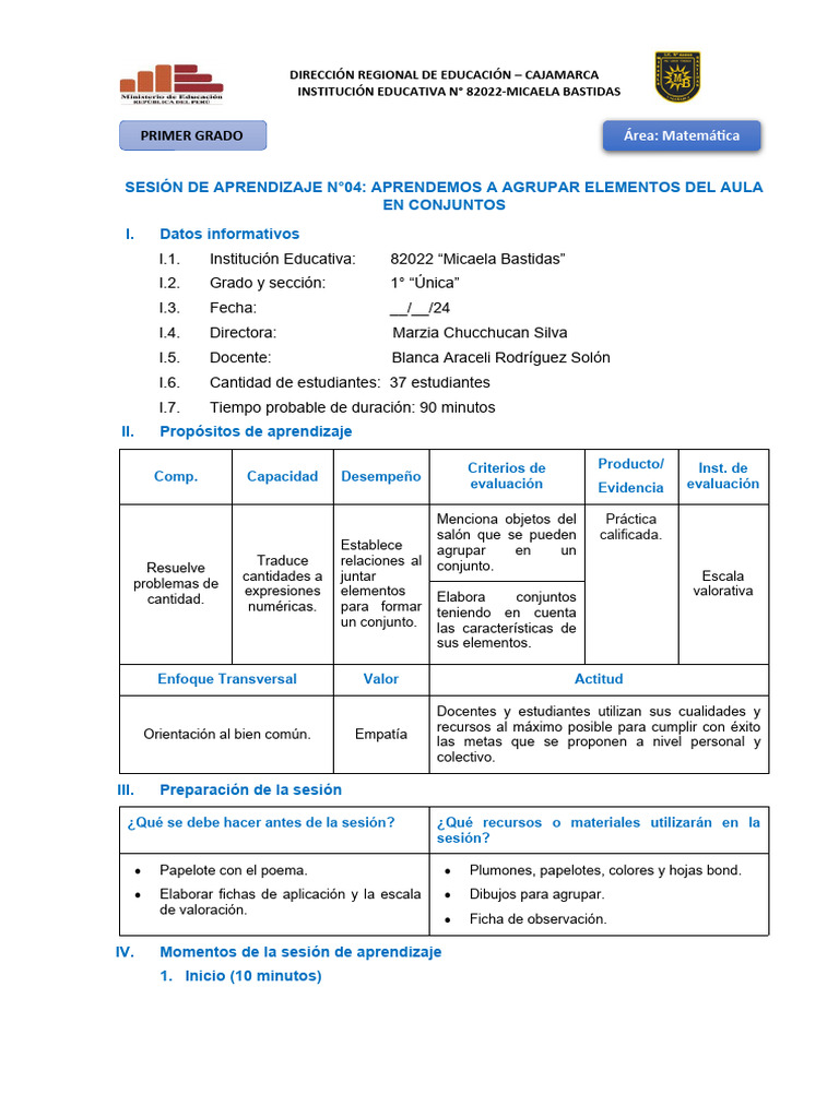 Sesión N°04. Aprendemos a agrupar elementos del aula en conjuntos ...