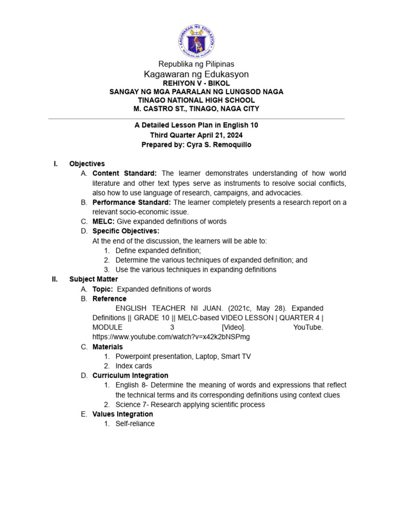 5TH LESSON PLAN | PDF | Love | Definition