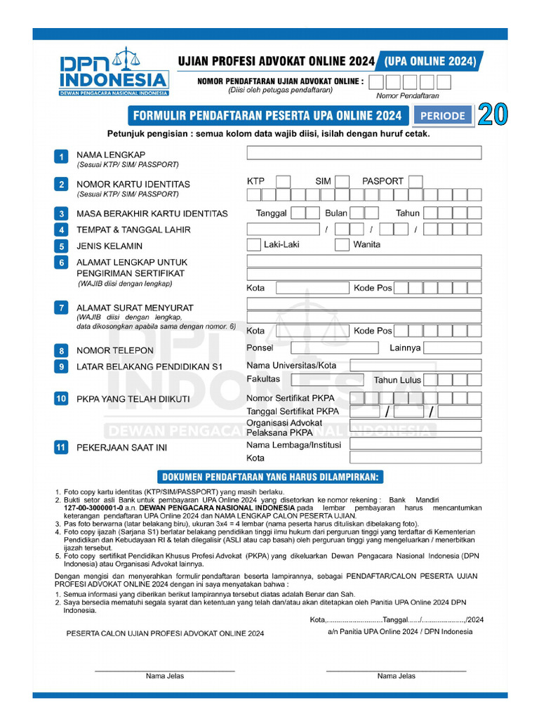 Formulir Pendaftaran Ujian Profesi Advokat UPA 2024 Online Periode 20 DPN Indonesia | PDF
