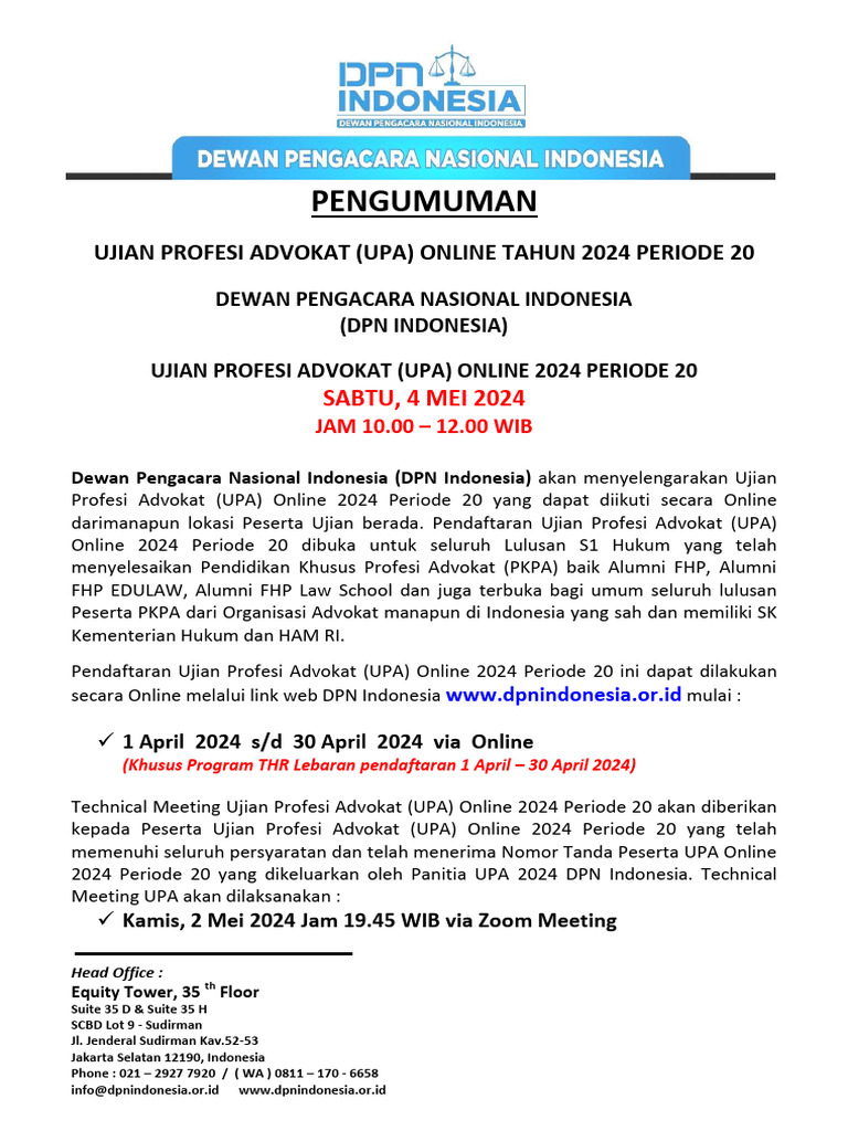 Panduan Tahapan Pendaftaran Ujian Profesi Advokat UPA 2024 Online Periode 20 Tahun 2024 DPN ...