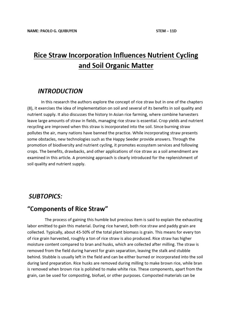 Rice Straw Incorporation Influences Nutrient Cycling and Soil Organic Matter | PDF | Soil | Rice