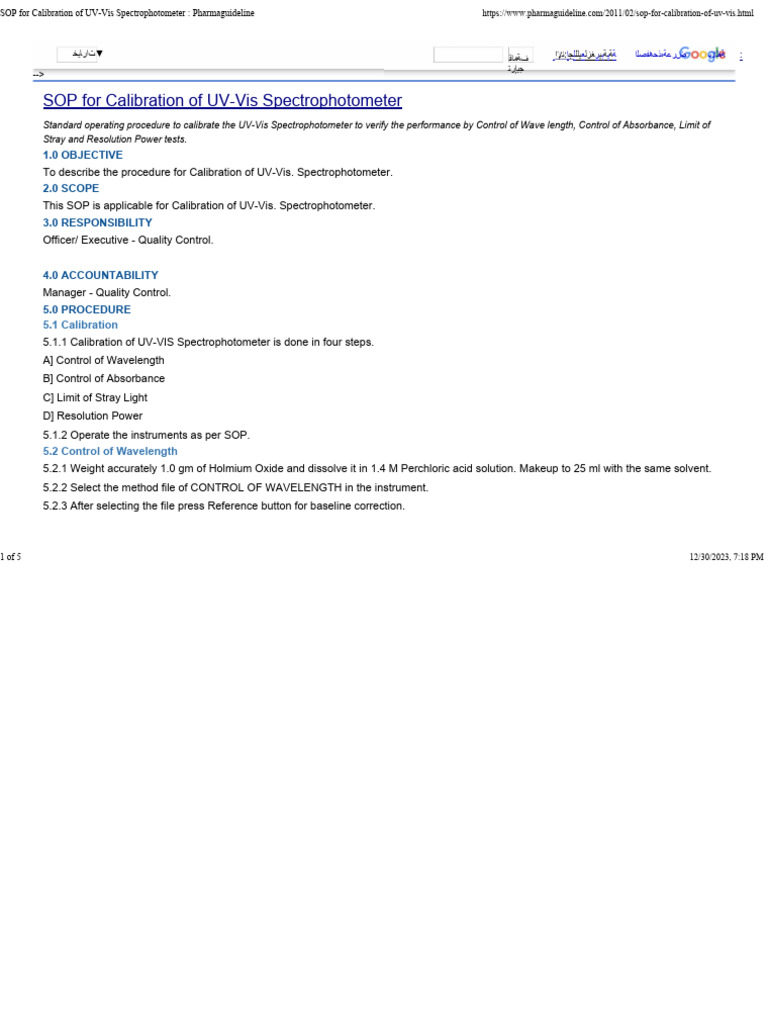 SOP For Calibration of UV-Vis Spectrophotometer Pharmaguideline | PDF ...