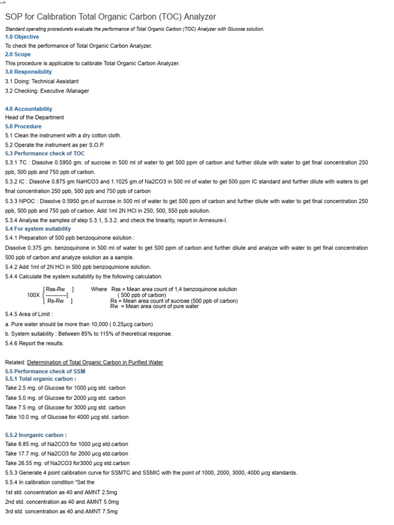 SOP For Calibration Total Organic Carbon (TOC) Analyzer | PDF | Total Organic Carbon | Chemistry