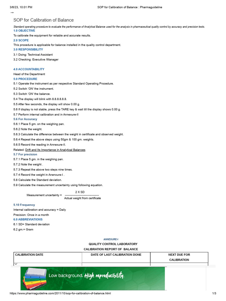 SOP For Calibration of Balance - Pharmaguideline | Download Free PDF | Weighing Scale | Calibration