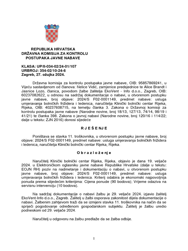 Državna Komisija Za Kontrolu Postupaka Javne Nabave KLASA: UP/II-034-02 ...