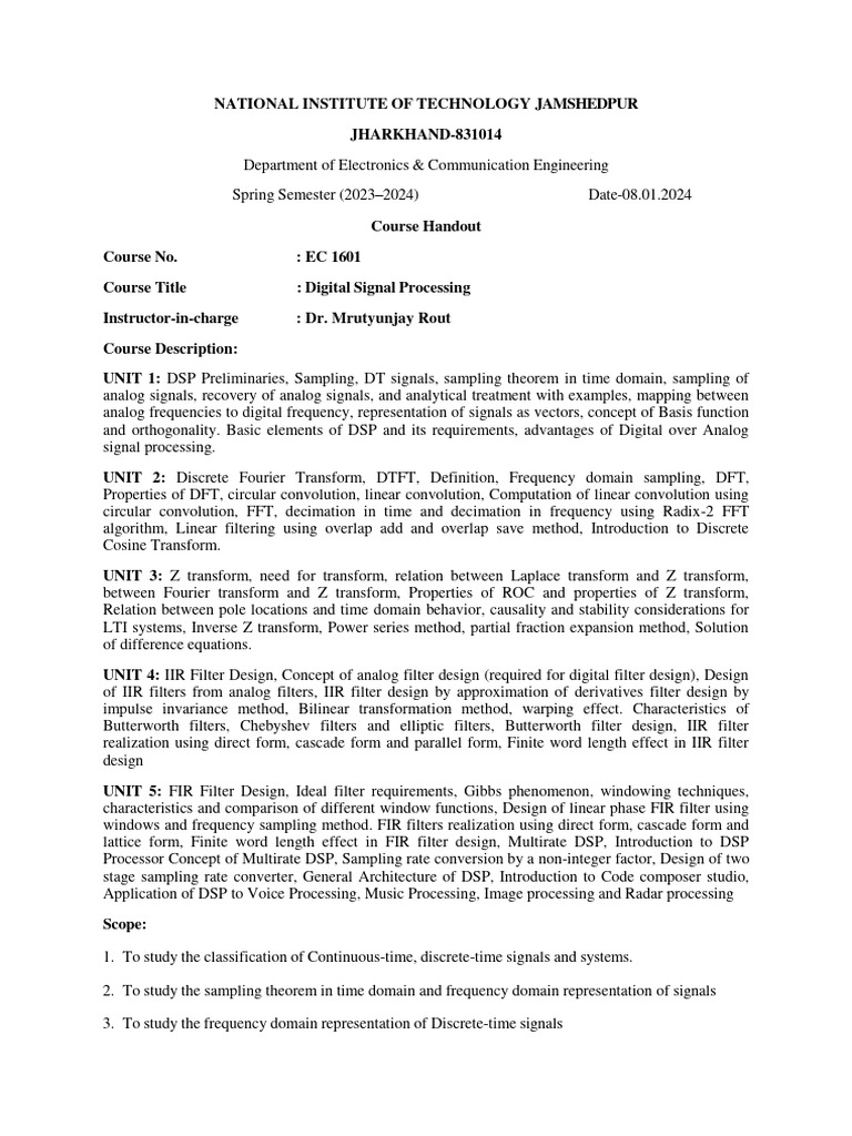 Digital Signal Processing Course Outline | PDF | Digital Signal Processing | Discrete Fourier ...