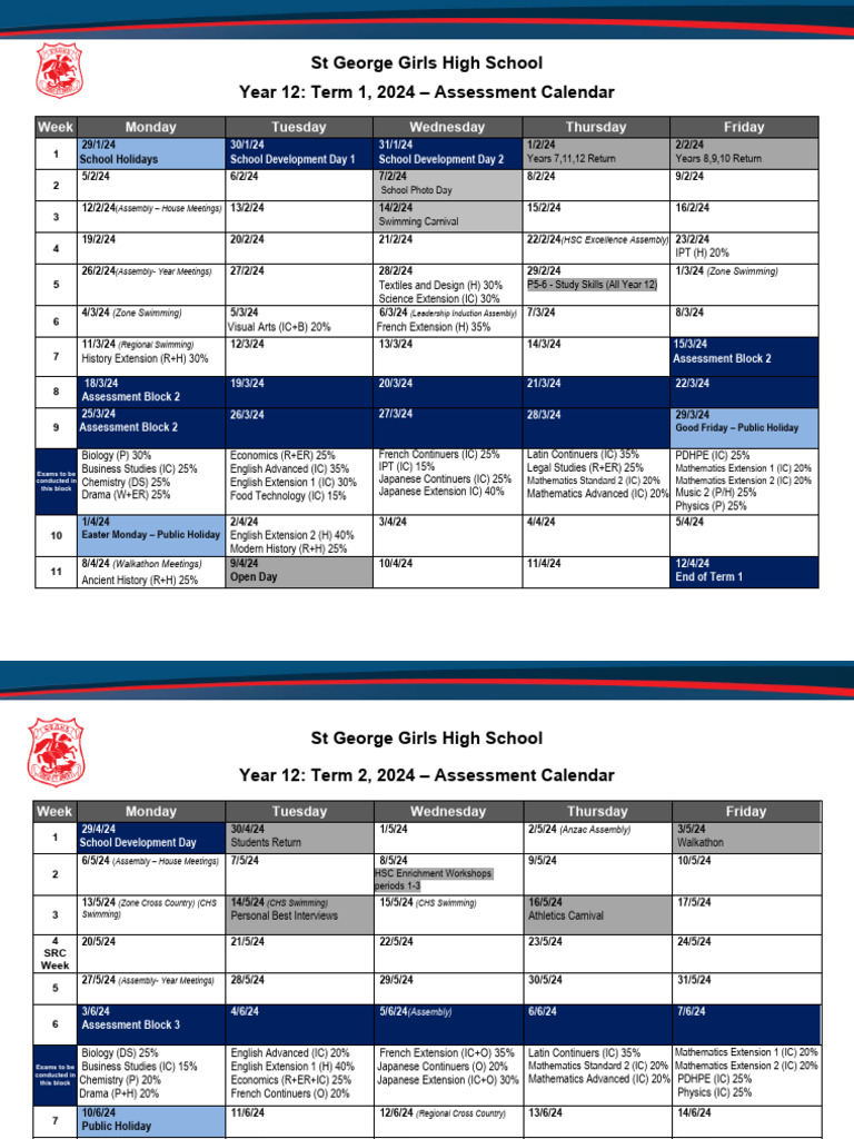 2024 Year 12 Assessment Calendar Terms 1-3 | PDF