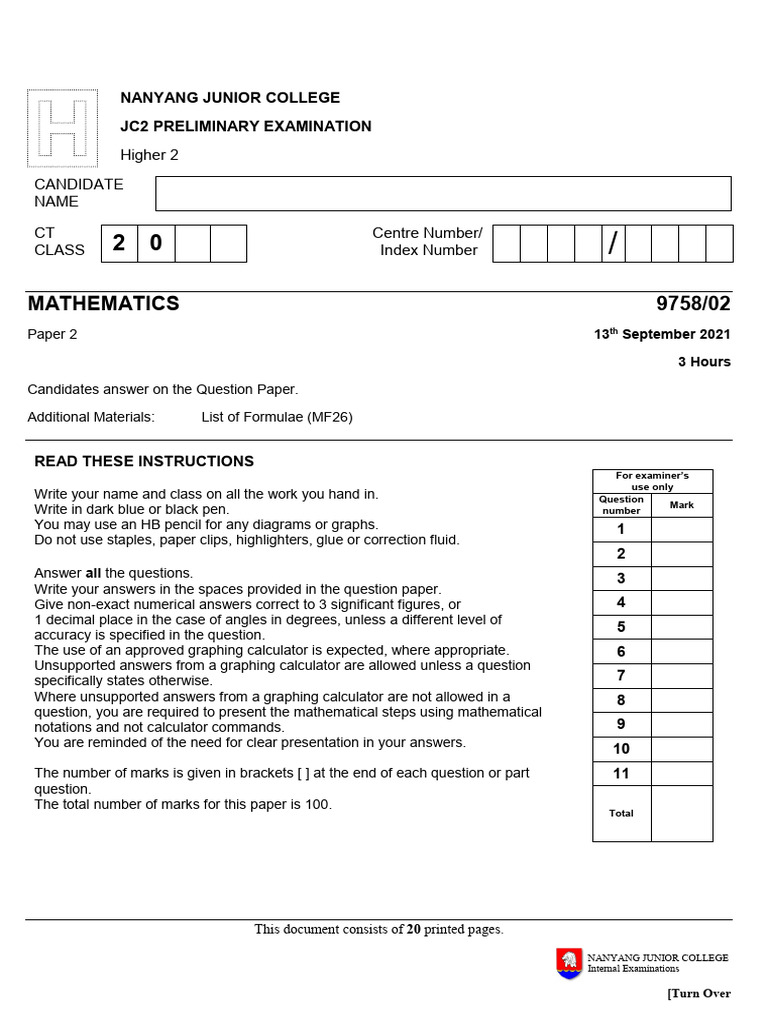 NYJC H2 2021 Prelim P2 | Download Free PDF | Sphere | Mathematical Objects